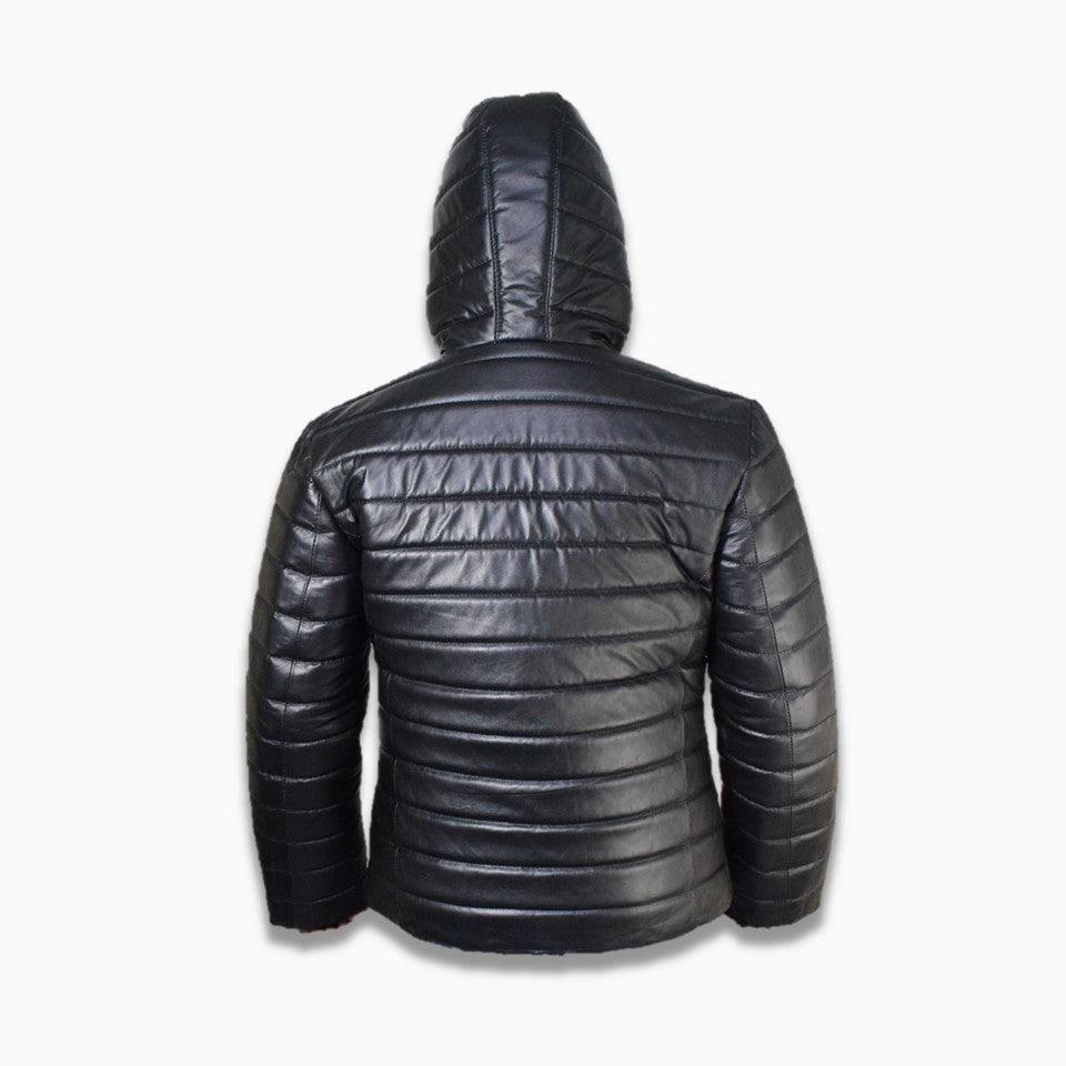 Mens Black Hooded Leather Puffer Jacket Genuine Leather Handmade ...