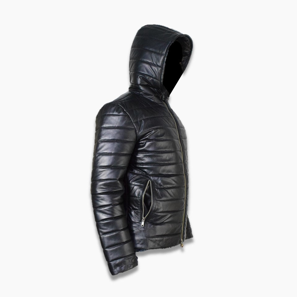 Mens Black Hooded Leather Puffer Jacket Genuine Leather Handmade ...