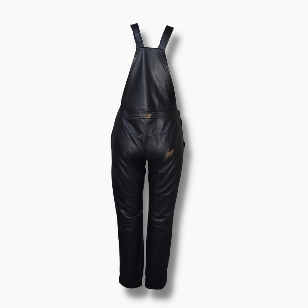 Men Black Leather Bib Overall | Women Black Leather Bib Overall – Movenera